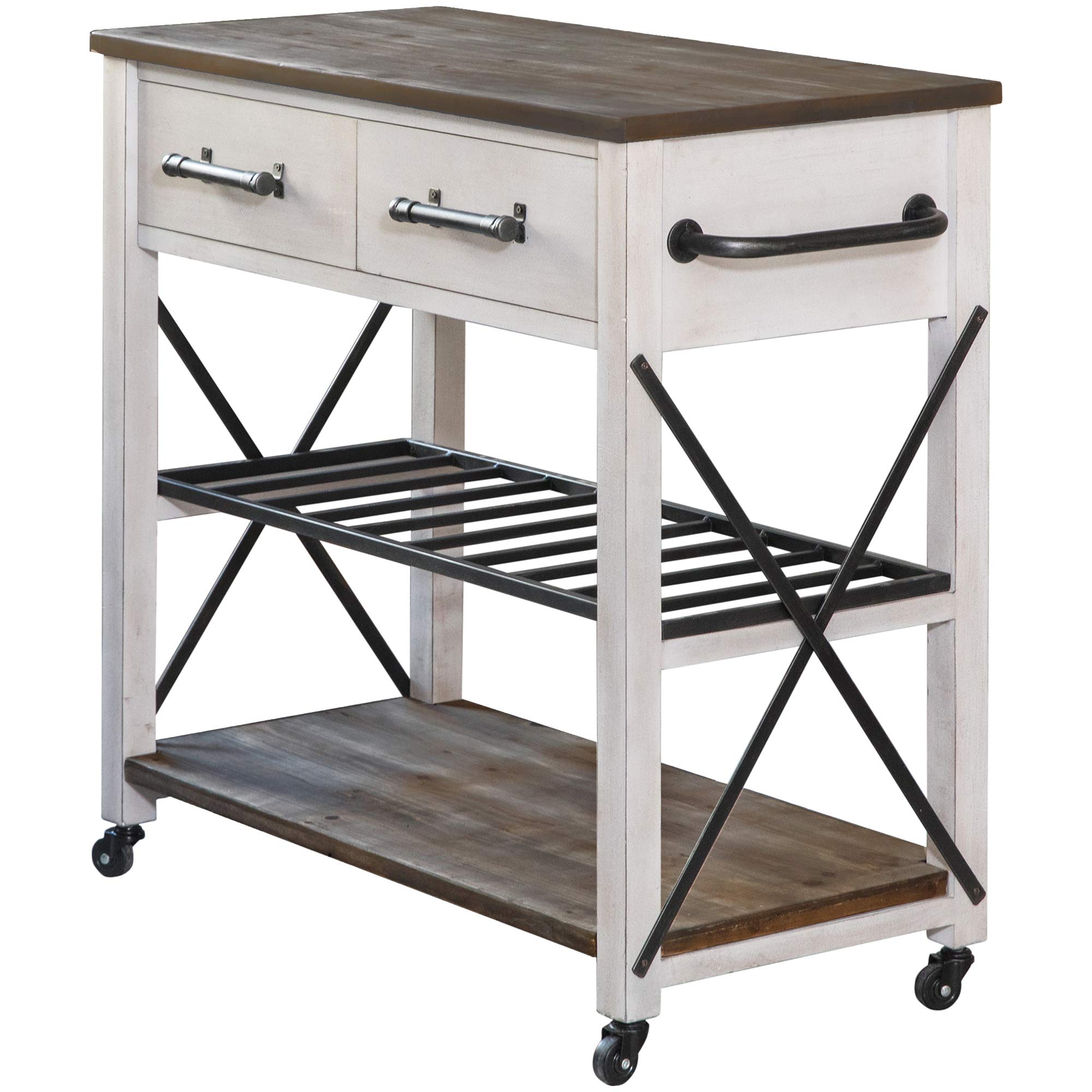 FirsTime & Co. Off-White and Brown Aurora Kitchen Cart, Coffee Bar and Microwave Stand, Island on Wheels with Storage, Wood and Metal, Farmhouse, 31.5 inches