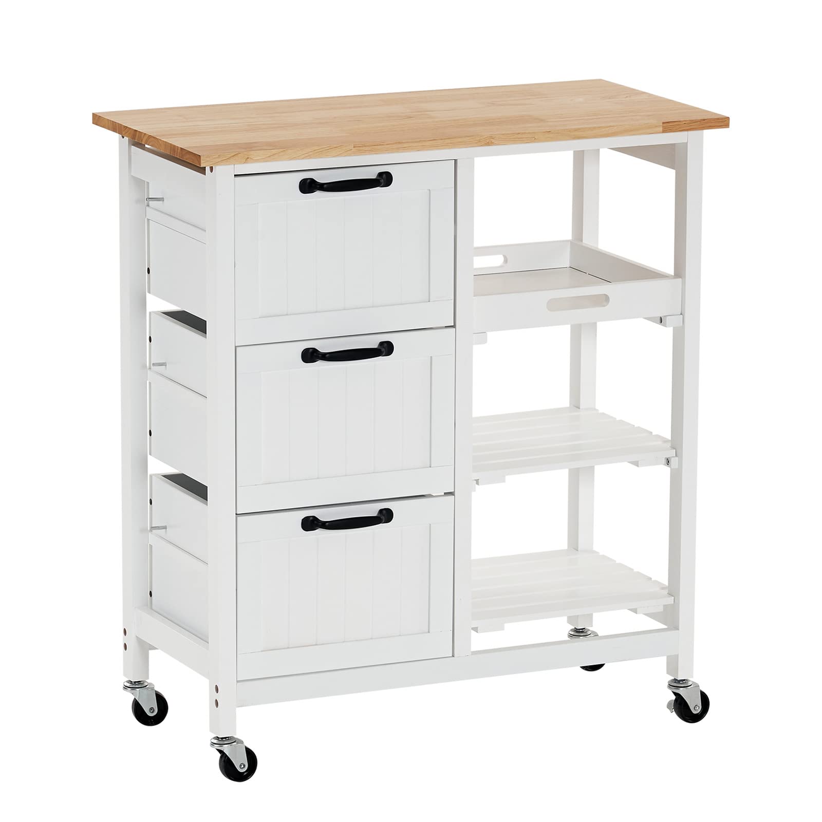 VINGLI Kitchen Island, Rolling Kitchen Storage Cart with 3 Drawers 3 Tier Holders Serving Bar Cart Coffee Bar Small Kitchen Microwave Trolley with Natural Solid Wood Top Caster Home Furniture