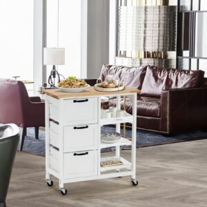 VINGLI Kitchen Island, Rolling Kitchen Storage Cart with 3 Drawers 3 Tier Holders Serving Bar Cart Coffee Bar Small Kitchen Microwave Trolley with Natural Solid Wood Top Caster Home Furniture