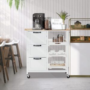 VINGLI Kitchen Island, Rolling Kitchen Storage Cart with 3 Drawers 3 Tier Holders Serving Bar Cart Coffee Bar Small Kitchen Microwave Trolley with Natural Solid Wood Top Caster Home Furniture