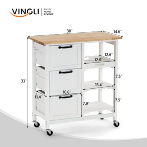 VINGLI Kitchen Island, Rolling Kitchen Storage Cart with 3 Drawers 3 Tier Holders Serving Bar Cart Coffee Bar Small Kitchen Microwave Trolley with Natural Solid Wood Top Caster Home Furniture