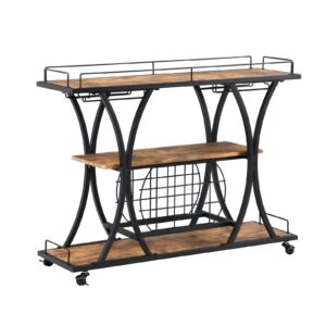 CALABASH Industrial Serving Bar Cart with Storage,3 Tier Shelf Wooden Metal Rustic Freestanding Floor Wine Coffee Rack,Modern Home Portable Mini Bar Liquor Cart (33.66")