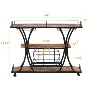 CALABASH Industrial Serving Bar Cart with Storage,3 Tier Shelf Wooden Metal Rustic Freestanding Floor Wine Coffee Rack,Modern Home Portable Mini Bar Liquor Cart (33.66")