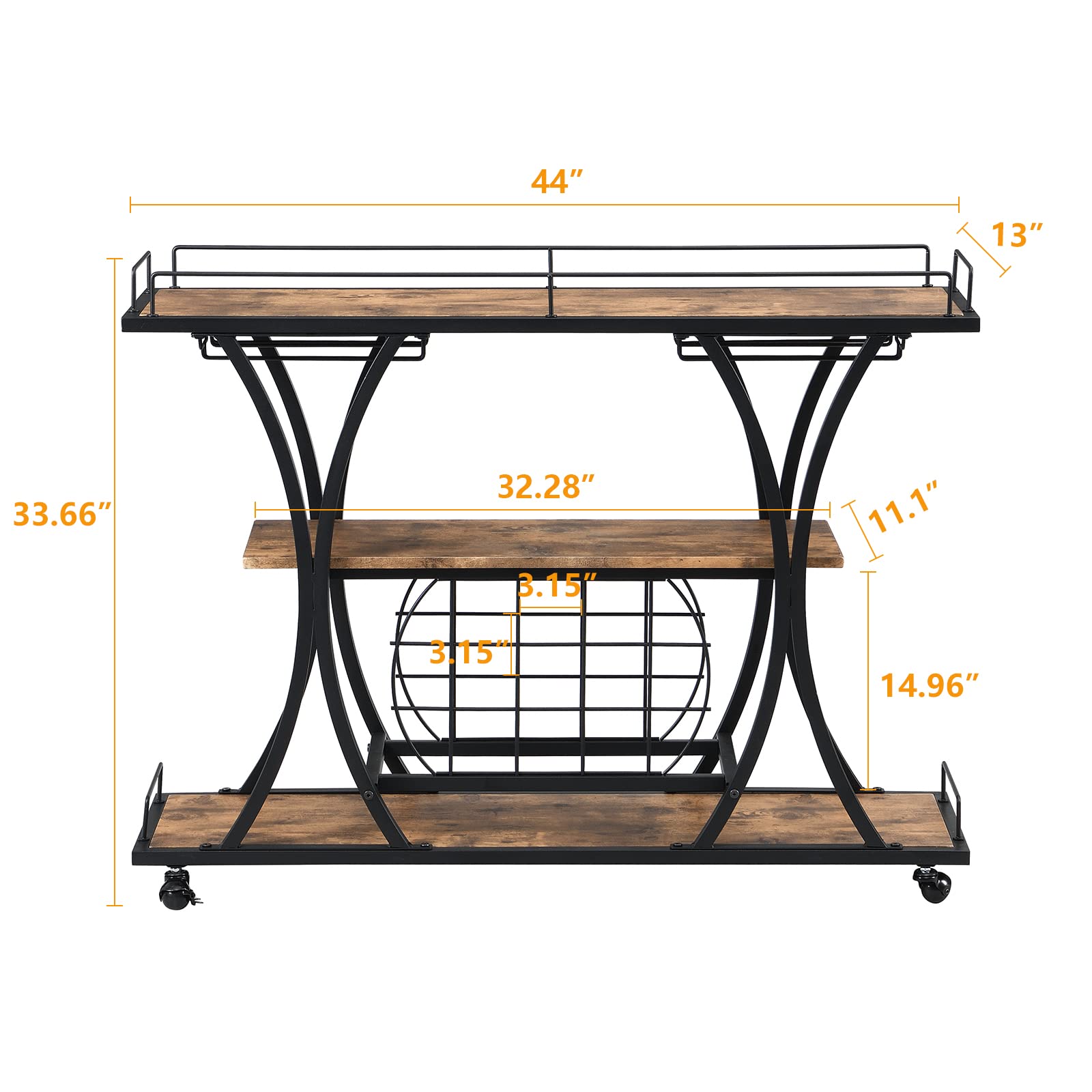 CALABASH Industrial Serving Bar Cart with Storage,3 Tier Shelf Wooden Metal Rustic Freestanding Floor Wine Coffee Rack,Modern Home Portable Mini Bar Liquor Cart (33.66")