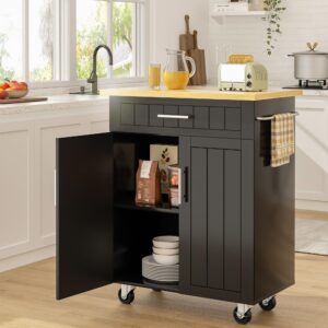 sunlei kitchen island on wheels with storage cabinet & drawer, 26" width rolling kitchen table, cart handle for towel rack or free mobility, portable islands for kitchen, dining room(black)