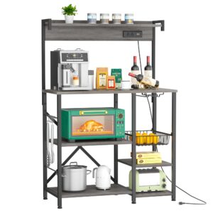 jamfly kitchen bakers rack with power outlet, coffee bar cabinet, kitchen cart, large microwave stands cart with 6 s-shaped hooks, wine glass holder and basket (grey)