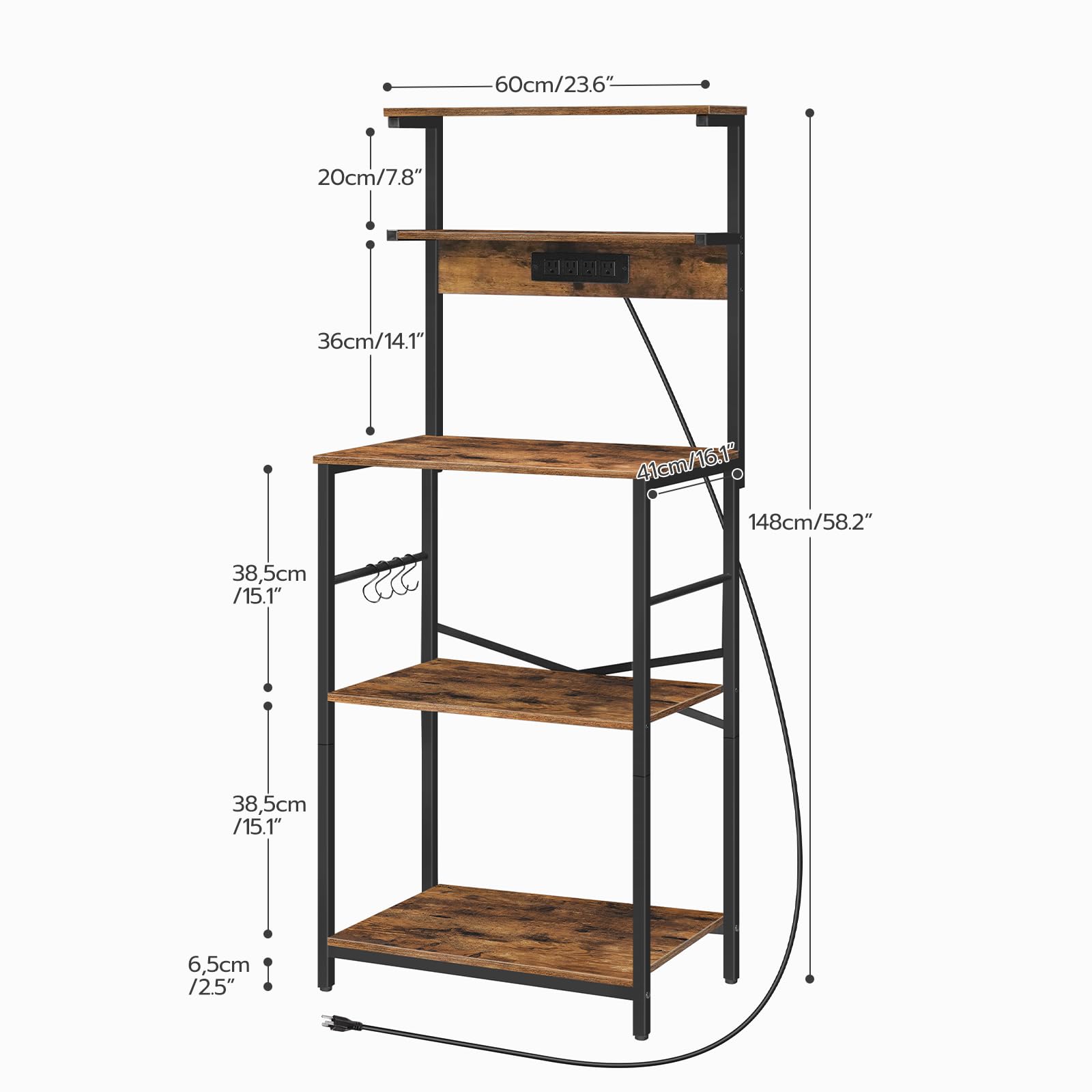 HOOBRO Bakers Rack with Power Outlet, 5-Tiers Microwave Stand with Storage, Kitchen Rack Storage Shelf with 4 S-Shaped Hooks, Coffee Bar, for Kitchen, Living Room, Rustic Brown and Black BF12UHB01