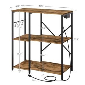 YATINEY Bakers Rack with Power Outlet, 3-Tier Microwave Stand, Multifunctional Coffee Bar, Kitchen Storage Rack with Hooks, for Kitchen, Dining Room, Living Room, Rustic Brown and Black HB01BR