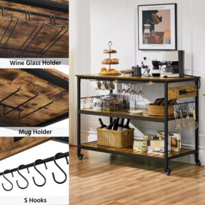 yaheetech kitchen island with power outlet, rolling kitchen cart with wine rack & glass holder & hooks, coffee bar microwave stand wine rack table for dining room, 47.5" w x 24" d, rustic brown