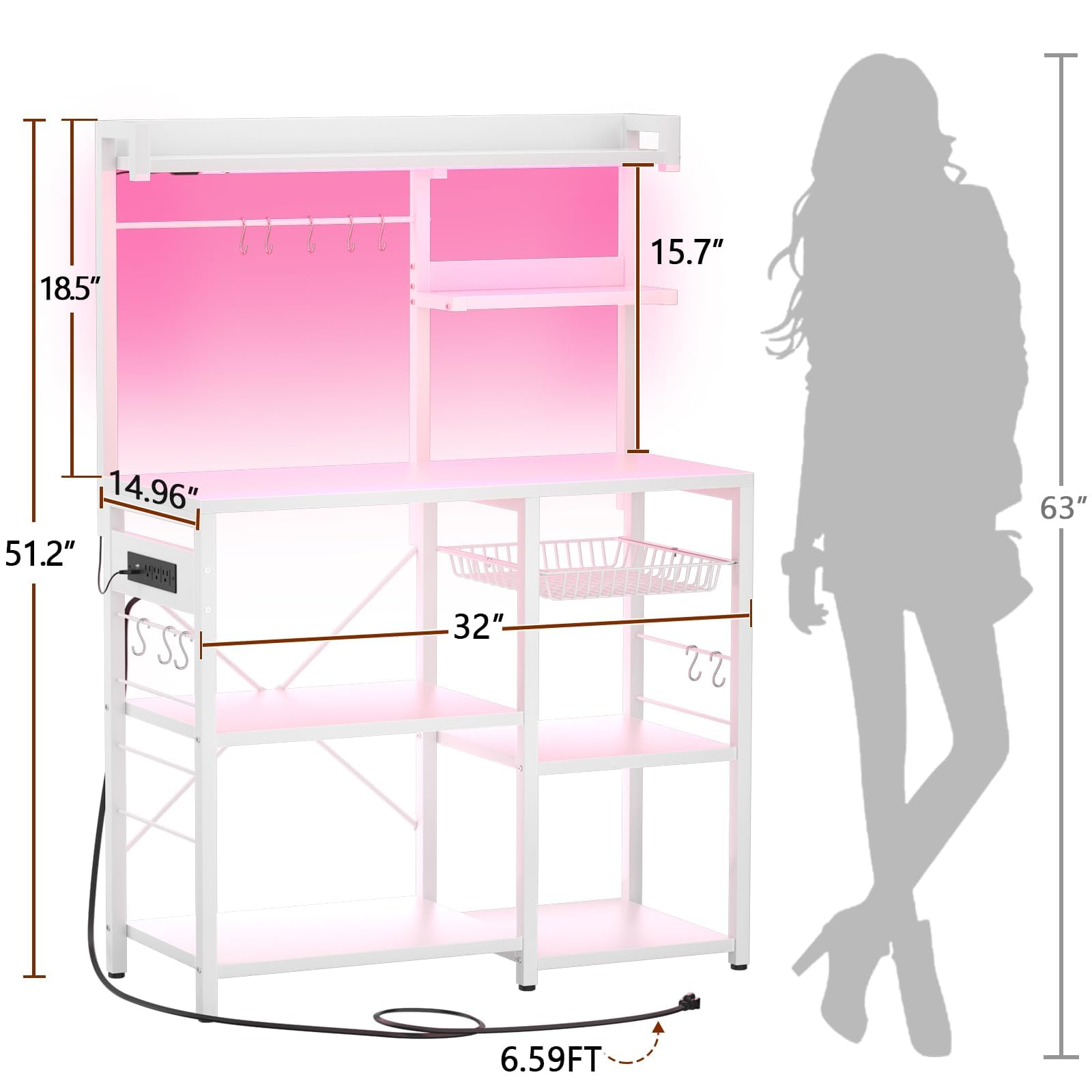 Aheaplus Bakers Rack with Power Outlet and LED Light Strings, Microwave Oven Stand Kitchen Storage Shelf with Wire Basket, Coffee Bar Station Island Table with 10 Hooks for Spices, Pots, Pans, White