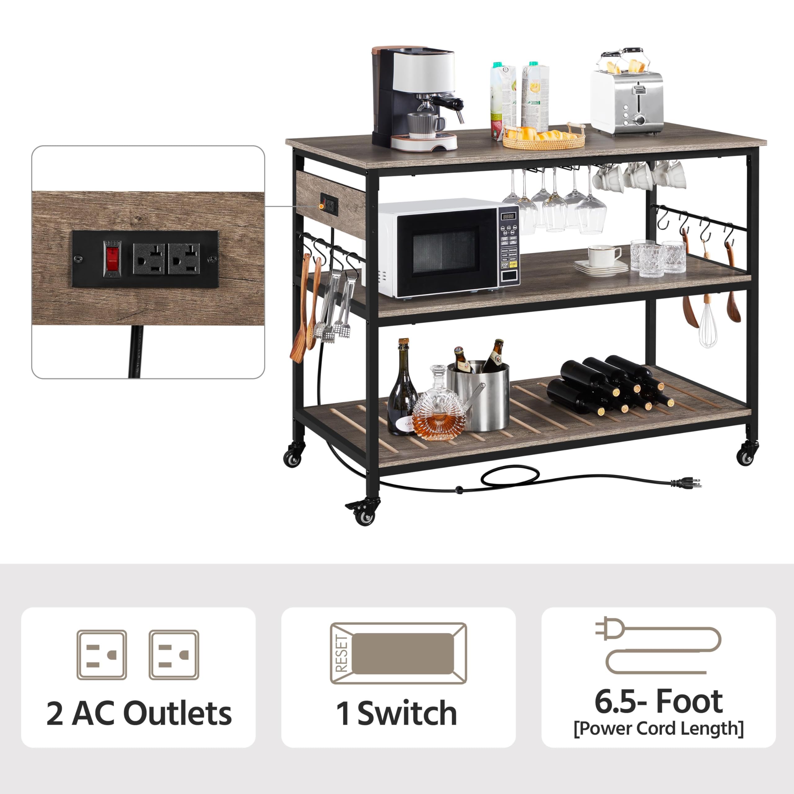 Yaheetech Kitchen Cart with Power Outlet, Rolling Kitchen Island on Wheels with Glass Holder & Hooks, Utility Trolley Cart Coffee Bar Microwave Stand Cart with Lockable Casters, Taupe Wood