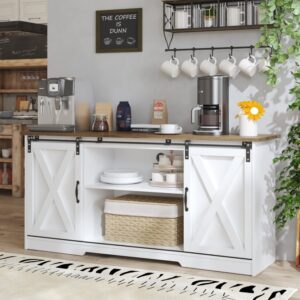 farmhouse coffee bar cabinet with storage, 59” kitchen buffet storage cabinet with sliding barn door, white coffee bar table with storage shelf for dining living room