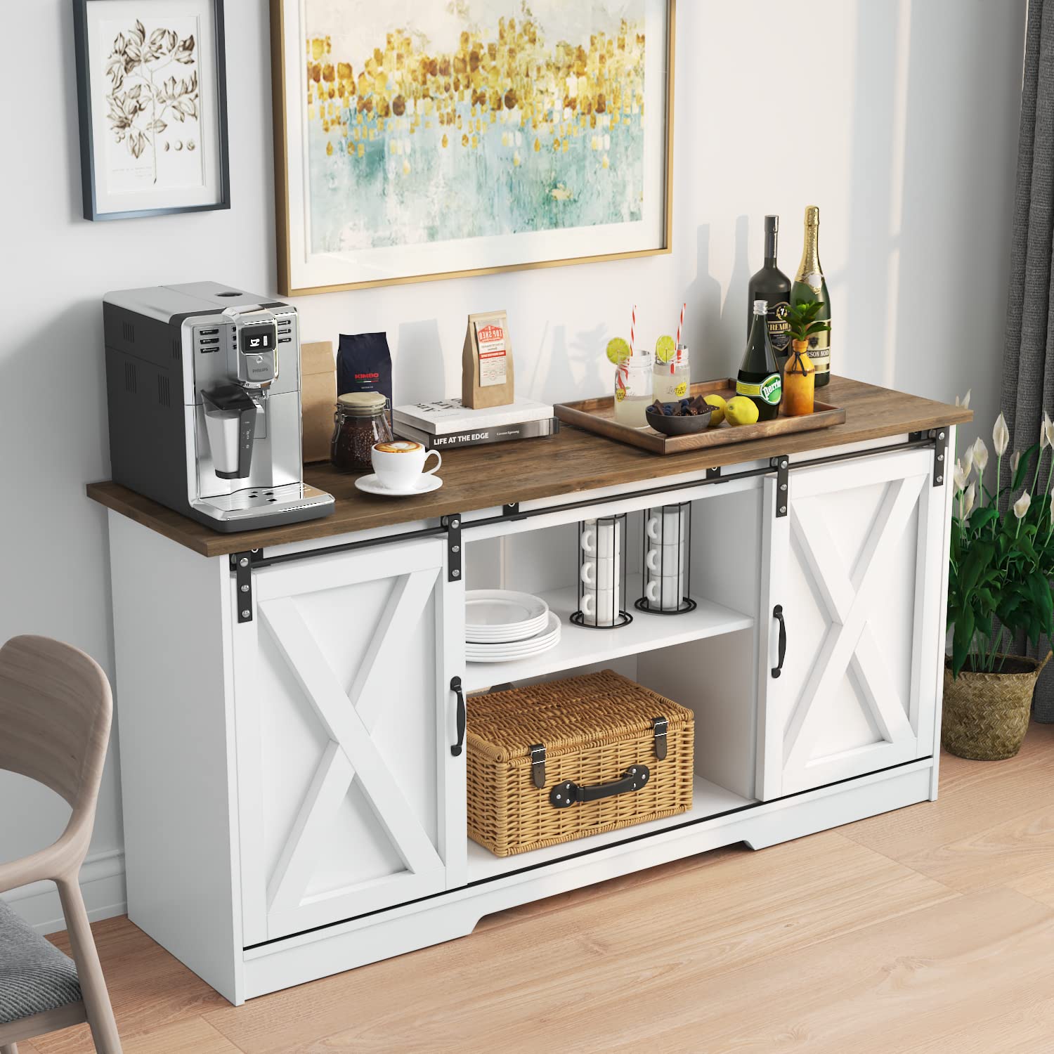 Farmhouse Coffee Bar Cabinet with Storage, 59” Kitchen Buffet Storage Cabinet with Sliding Barn Door, White Coffee Bar Table with Storage Shelf for Dining Living Room