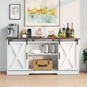 Farmhouse Coffee Bar Cabinet with Storage, 59” Kitchen Buffet Storage Cabinet with Sliding Barn Door, White Coffee Bar Table with Storage Shelf for Dining Living Room