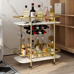 benoss gold bar cart on wheels, home bar serving carts, modern marbled pattern wine cart with glass holder wine rack, coffee tea drink trolley, beverage bar cart for the home kitchen living room party