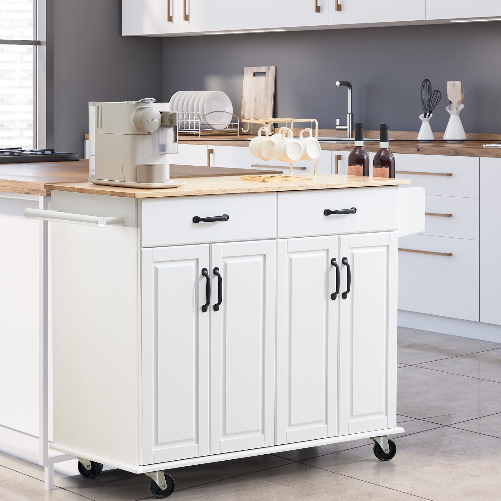 VINGLI Kitchen Island Cart with Storage on Wheels White Rolling Coffee Bar Trolley Buffet Cabinet with 4 Doors and 2 Drawers, Towel Handle, Spice Rack, Solid Wood Top, Lockable Castors