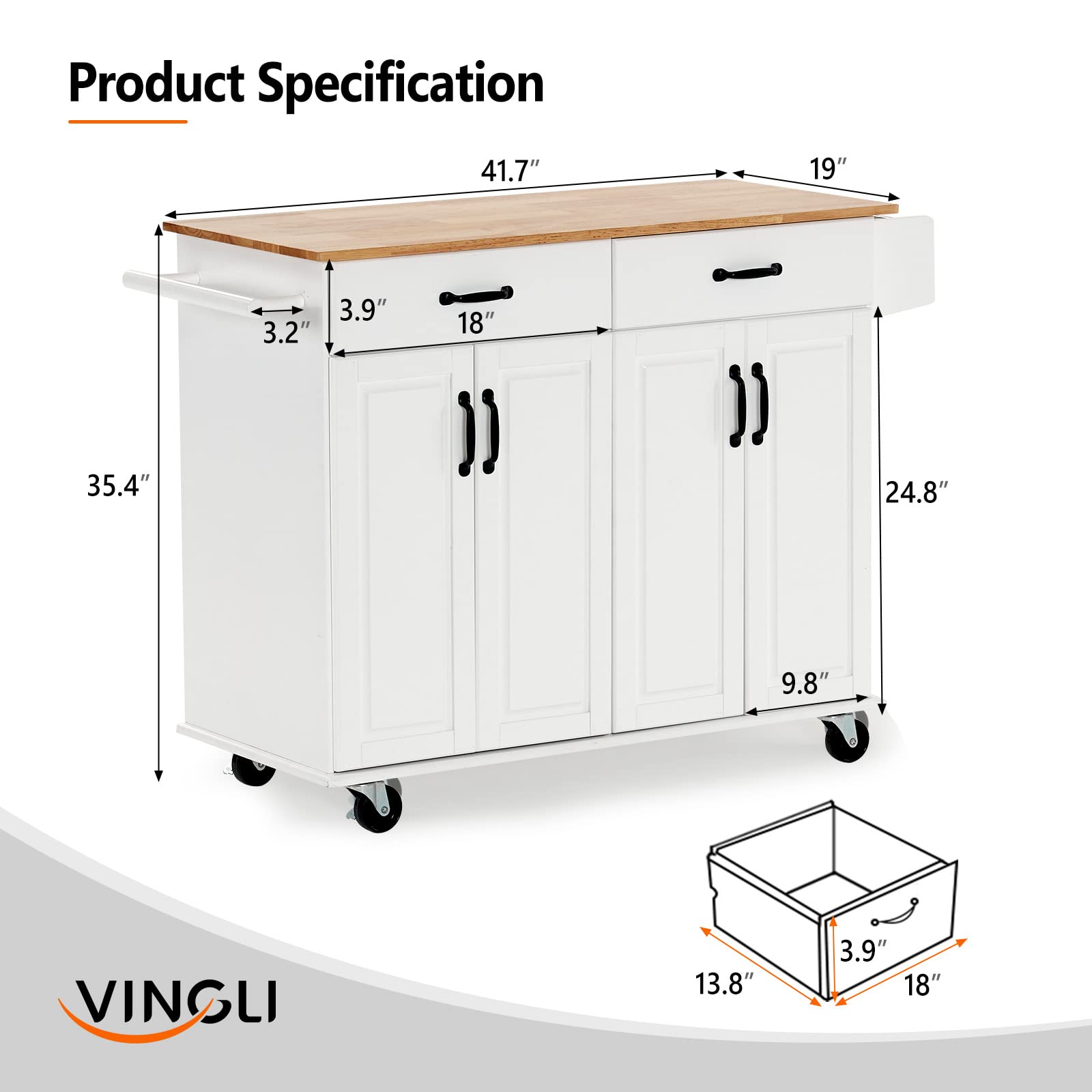 VINGLI Kitchen Island Cart with Storage on Wheels White Rolling Coffee Bar Trolley Buffet Cabinet with 4 Doors and 2 Drawers, Towel Handle, Spice Rack, Solid Wood Top, Lockable Castors