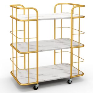 giantex gold bar cart, home island service cart, 3 tier storage shelves with guardrail, imitation marble top, kitchen utility trolley on wheel lockable for dining room wine coffee bar white (1)