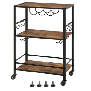 yatiney bar cart, 3-tier serving cart, kitchen cart with wine rack, 22.4" l x 12.9" w x 32.3" h, microwave cart with 6 hooks, beverage cart for kitchen, living room, rustic brown and black bc02br