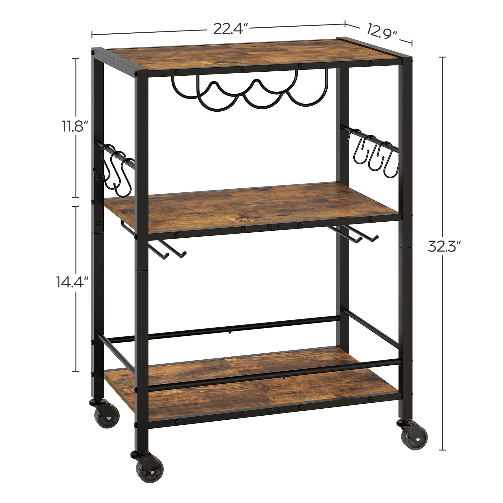 YATINEY Bar Cart, 3-Tier Serving Cart, Kitchen Cart with Wine Rack, 22.4" L x 12.9" W x 32.3" H, Microwave Cart with 6 Hooks, Beverage Cart for Kitchen, Living Room, Rustic Brown and Black BC02BR