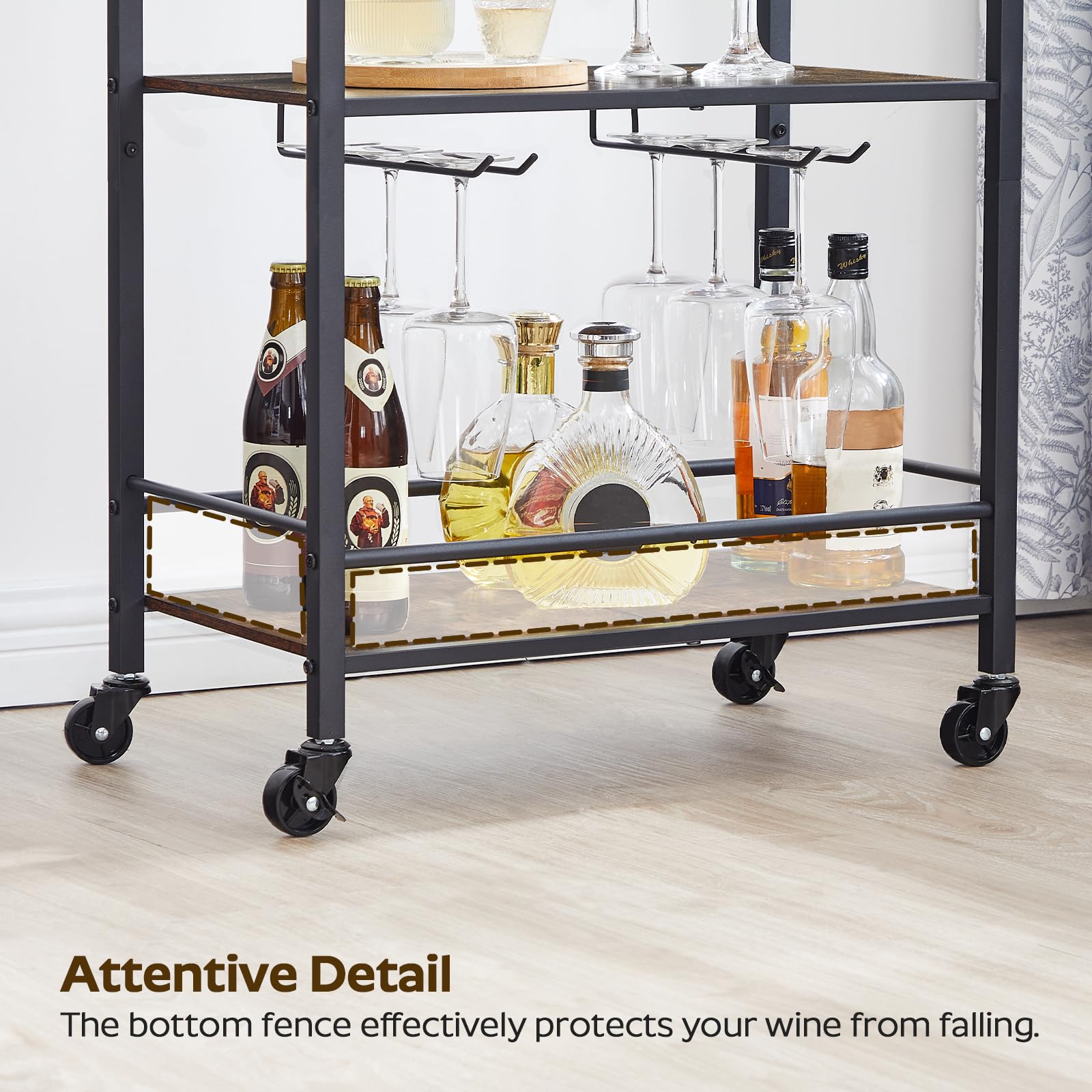 YATINEY Bar Cart, 3-Tier Serving Cart, Kitchen Cart with Wine Rack, 22.4" L x 12.9" W x 32.3" H, Microwave Cart with 6 Hooks, Beverage Cart for Kitchen, Living Room, Rustic Brown and Black BC02BR