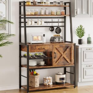 itaar baker's rack, coffee bar cabinet, farmhouse microwave stand with wine rack, drawer and 8 hooks for kitchens with storage, rustic brown