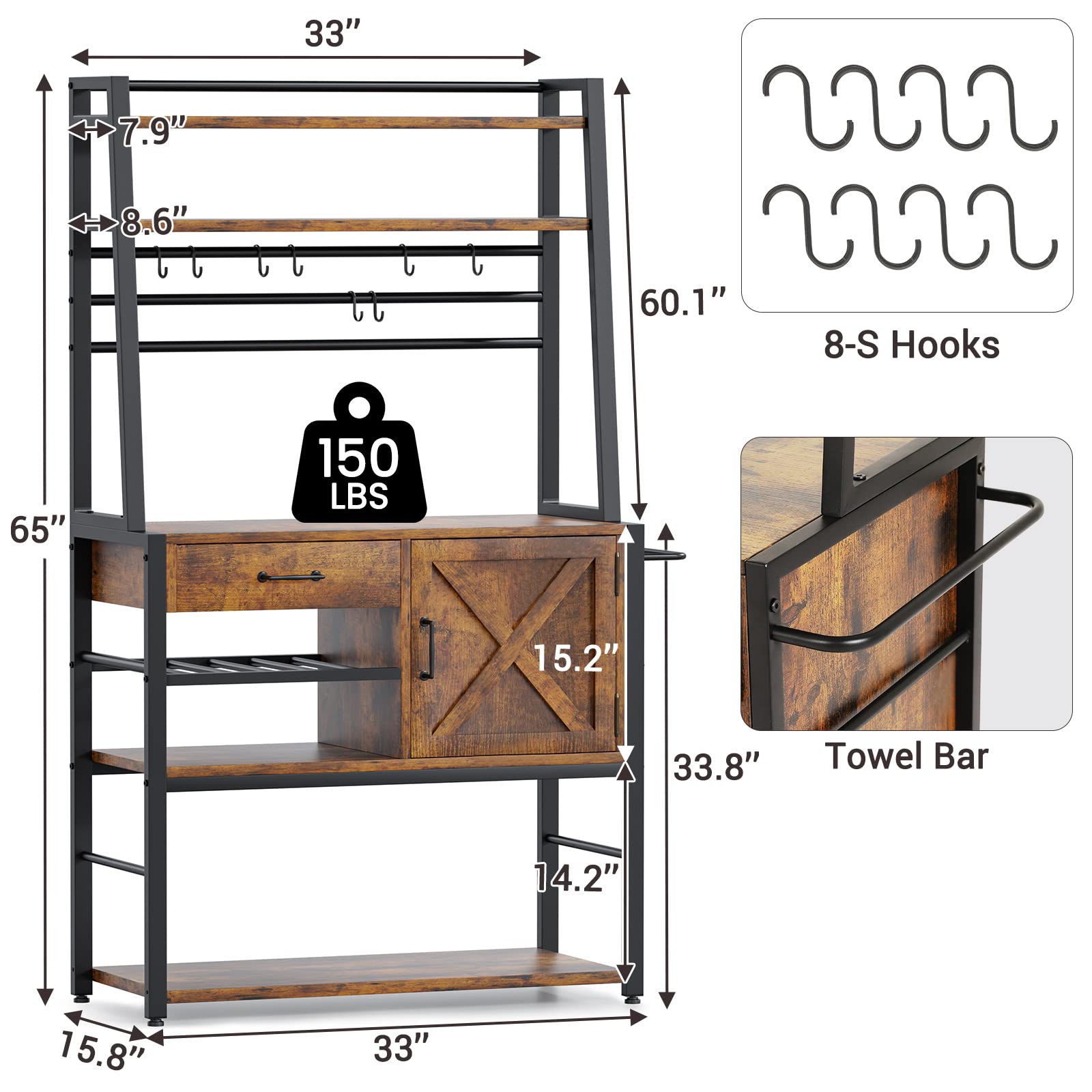 Itaar Baker's Rack, Coffee Bar Cabinet, Farmhouse Microwave Stand with Wine Rack, Drawer and 8 Hooks for Kitchens with Storage, Rustic Brown