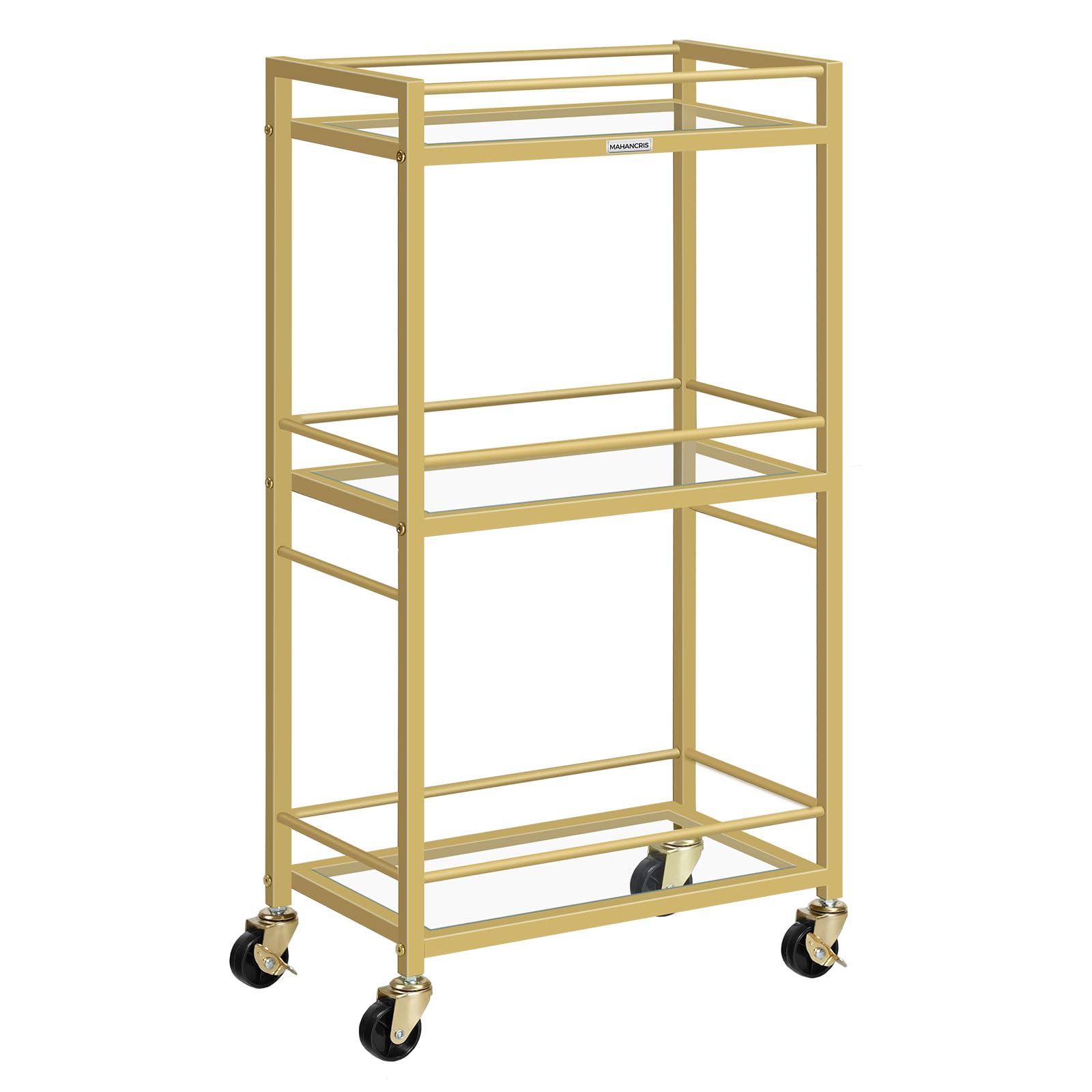 MAHANCRIS Bar Cart for The Home, Home Bar Serving Cart, Gold Bar Cart with 3-Tier Glass Shelf, Wine Holders, Glass Holder, Mini Bar Cart for Small Space, Kitchen, Dining Room, Gold RCJ40B01