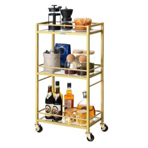 MAHANCRIS Bar Cart for The Home, Home Bar Serving Cart, Gold Bar Cart with 3-Tier Glass Shelf, Wine Holders, Glass Holder, Mini Bar Cart for Small Space, Kitchen, Dining Room, Gold RCJ40B01