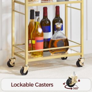 MAHANCRIS Bar Cart for The Home, Home Bar Serving Cart, Gold Bar Cart with 3-Tier Glass Shelf, Wine Holders, Glass Holder, Mini Bar Cart for Small Space, Kitchen, Dining Room, Gold RCJ40B01