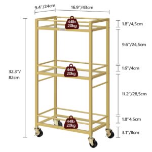 MAHANCRIS Bar Cart for The Home, Home Bar Serving Cart, Gold Bar Cart with 3-Tier Glass Shelf, Wine Holders, Glass Holder, Mini Bar Cart for Small Space, Kitchen, Dining Room, Gold RCJ40B01