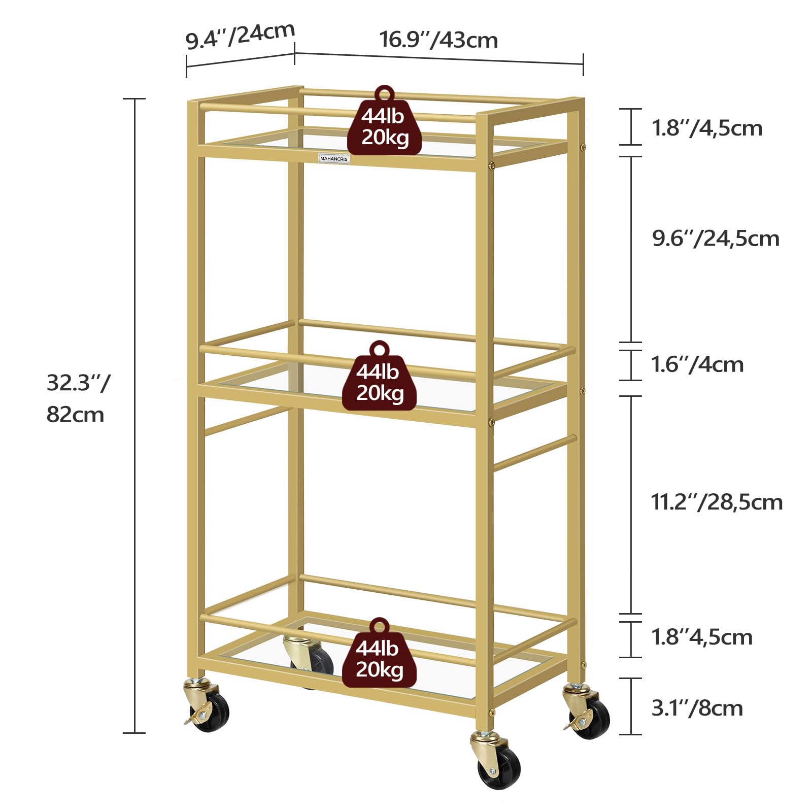 MAHANCRIS Bar Cart for The Home, Home Bar Serving Cart, Gold Bar Cart with 3-Tier Glass Shelf, Wine Holders, Glass Holder, Mini Bar Cart for Small Space, Kitchen, Dining Room, Gold RCJ40B01