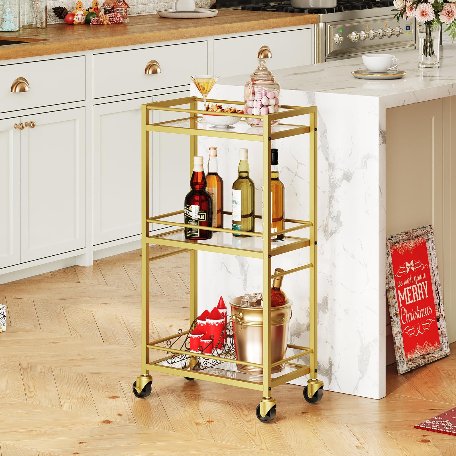 MAHANCRIS Bar Cart for The Home, Home Bar Serving Cart, Gold Bar Cart with 3-Tier Glass Shelf, Wine Holders, Glass Holder, Mini Bar Cart for Small Space, Kitchen, Dining Room, Gold RCJ40B01