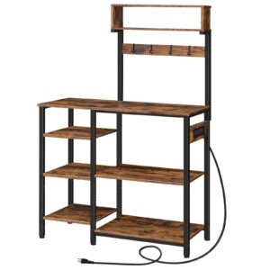 hoobro bakers rack with power outlet, 35.4 inches microwave stand with 4 hooks, 6 tiers kitchen storage shelf rack, coffee bar table, rustic brown and black bf10uhb01