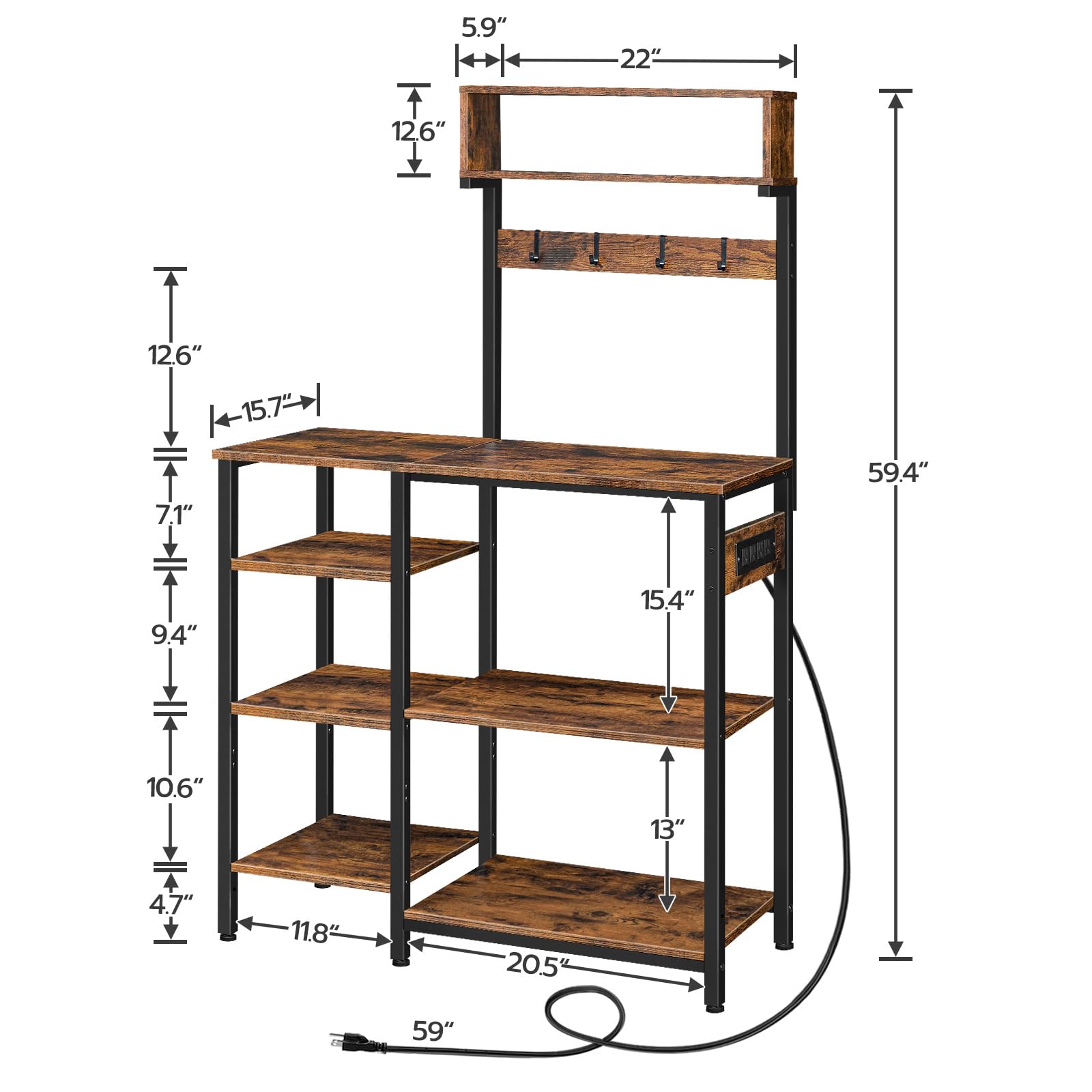 HOOBRO Bakers Rack with Power Outlet, 35.4 Inches Microwave Stand with 4 Hooks, 6 Tiers Kitchen Storage Shelf Rack, Coffee Bar Table, Rustic Brown and Black BF10UHB01