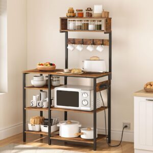 HOOBRO Bakers Rack with Power Outlet, 35.4 Inches Microwave Stand with 4 Hooks, 6 Tiers Kitchen Storage Shelf Rack, Coffee Bar Table, Rustic Brown and Black BF10UHB01