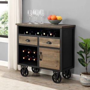 firstime & co. black and brown logan bar cart, slim kitchen serving cart and coffee cart with storage for liquor and glasses, wood, farmhouse, 30.75 x 13.75 x 31.5 inches