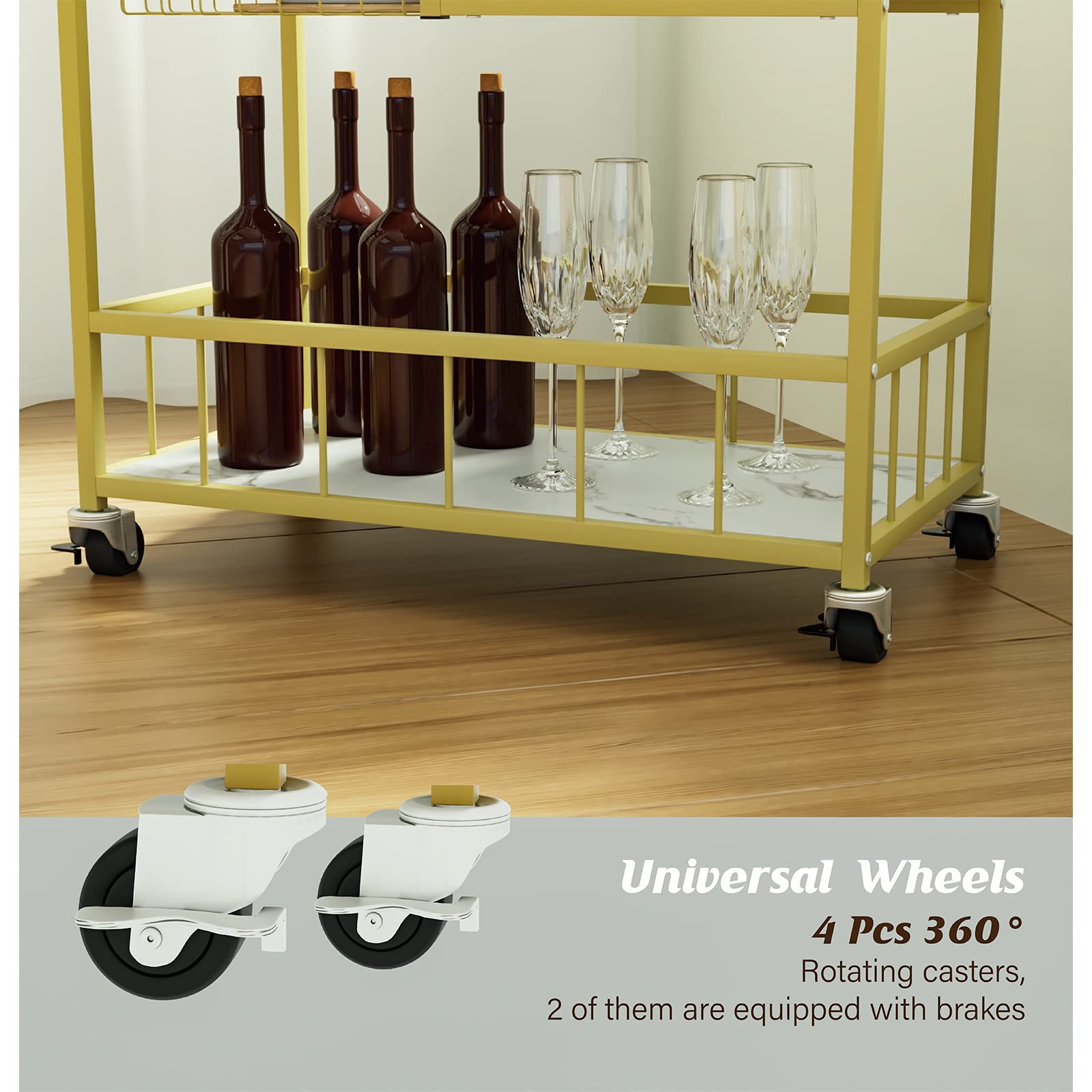 aboxoo Bar Cart 3 Tiers Removable Storage Tray with Wine Rack & Basket Tier,Rolling Beverage Cart,Mobile Bar Serving Cart with Handle, White Marble Wood and Gold Frame Home Kitchen Shelf for Party