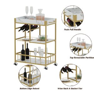 aboxoo Bar Cart 3 Tiers Removable Storage Tray with Wine Rack & Basket Tier,Rolling Beverage Cart,Mobile Bar Serving Cart with Handle, White Marble Wood and Gold Frame Home Kitchen Shelf for Party