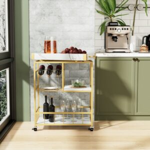 aboxoo Bar Cart 3 Tiers Removable Storage Tray with Wine Rack & Basket Tier,Rolling Beverage Cart,Mobile Bar Serving Cart with Handle, White Marble Wood and Gold Frame Home Kitchen Shelf for Party