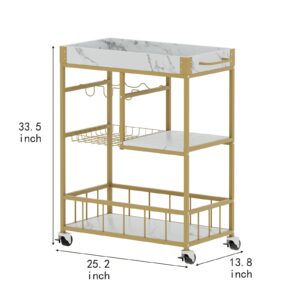 aboxoo Bar Cart 3 Tiers Removable Storage Tray with Wine Rack & Basket Tier,Rolling Beverage Cart,Mobile Bar Serving Cart with Handle, White Marble Wood and Gold Frame Home Kitchen Shelf for Party