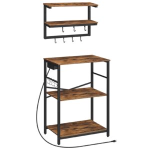 hoobro bakers rack with power outlets, coffee bar with floating shelves, microwave stand with 11 s-hooks, freestanding kitchen storage shelves, for kitchen, living room, rustic brown bf11uhb01