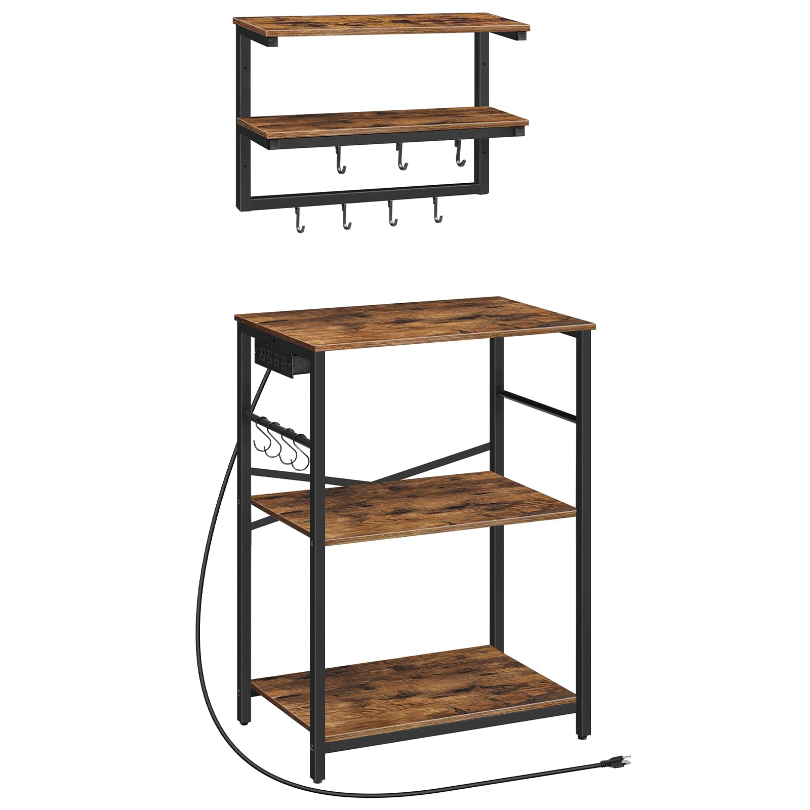 HOOBRO Bakers Rack with Power Outlets, Coffee Bar with Floating Shelves, Microwave Stand with 11 S-Hooks, Freestanding Kitchen Storage Shelves, for Kitchen, Living Room, Rustic Brown BF11UHB01