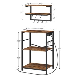 HOOBRO Bakers Rack with Power Outlets, Coffee Bar with Floating Shelves, Microwave Stand with 11 S-Hooks, Freestanding Kitchen Storage Shelves, for Kitchen, Living Room, Rustic Brown BF11UHB01