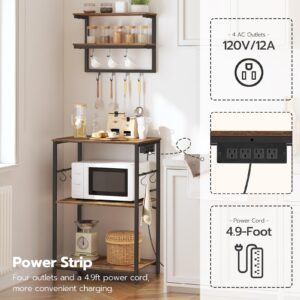 HOOBRO Bakers Rack with Power Outlets, Coffee Bar with Floating Shelves, Microwave Stand with 11 S-Hooks, Freestanding Kitchen Storage Shelves, for Kitchen, Living Room, Rustic Brown BF11UHB01