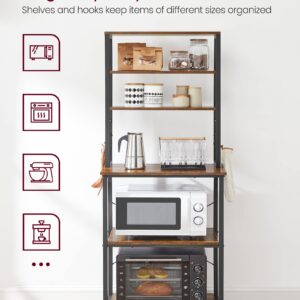 VASAGLE Coffee Bar, Baker’s Rack for Kitchen with Storage, 6-Tier Kitchen Shelves with 6 Hooks, Microwave Stand, Industrial, 15.7 x 23.6 x 65.7 Inches, Rustic Brown and Black UKKS024B01