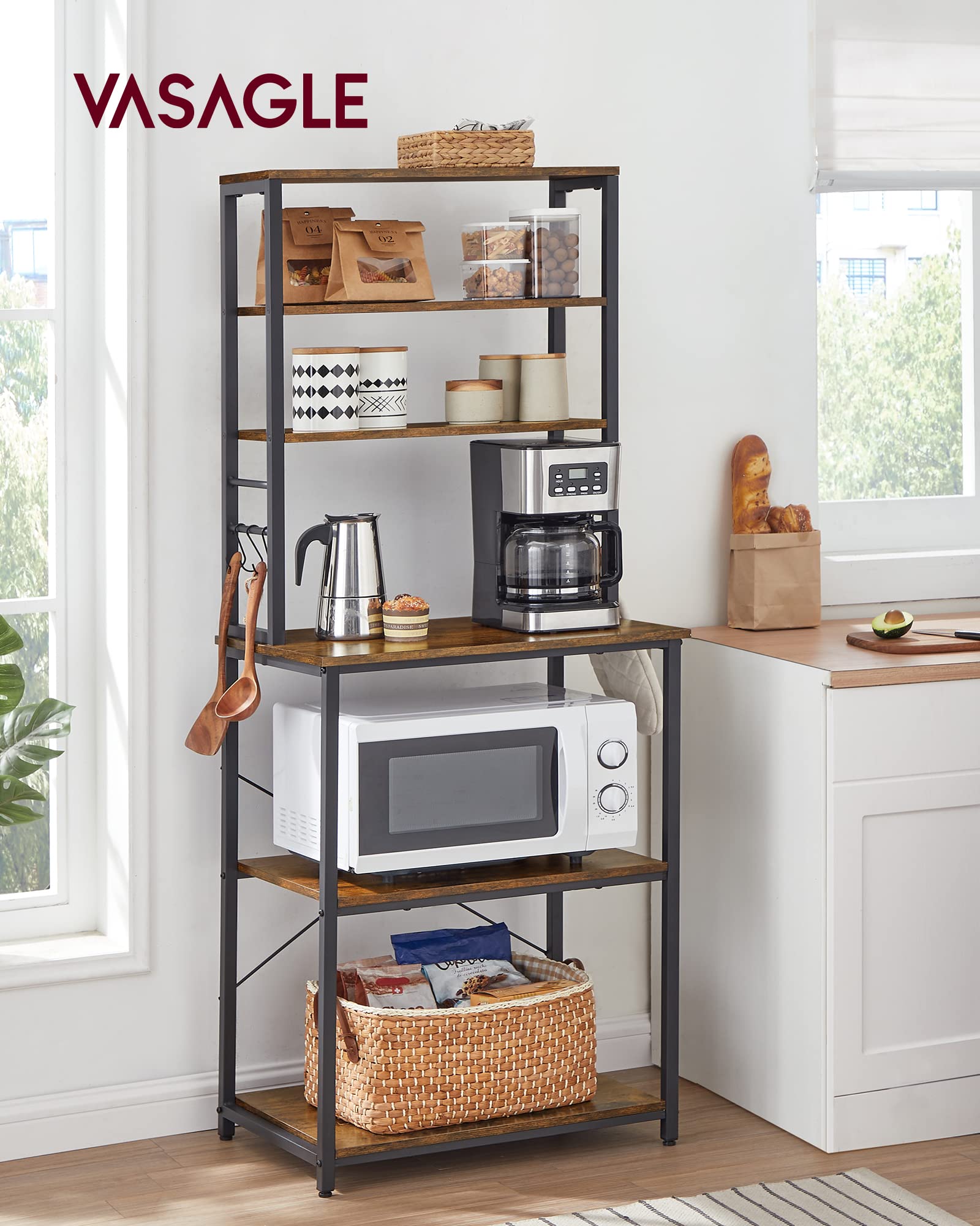 VASAGLE Coffee Bar, Baker’s Rack for Kitchen with Storage, 6-Tier Kitchen Shelves with 6 Hooks, Microwave Stand, Industrial, 15.7 x 23.6 x 65.7 Inches, Rustic Brown and Black UKKS024B01