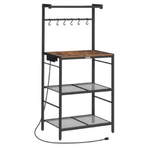 mahancris bakers rack with charging station, microwave stand with 6 s-shaped hooks, 4-tier storage rack, practical coffee bar, for kitchen, dining room, rustic brown brhr35e01