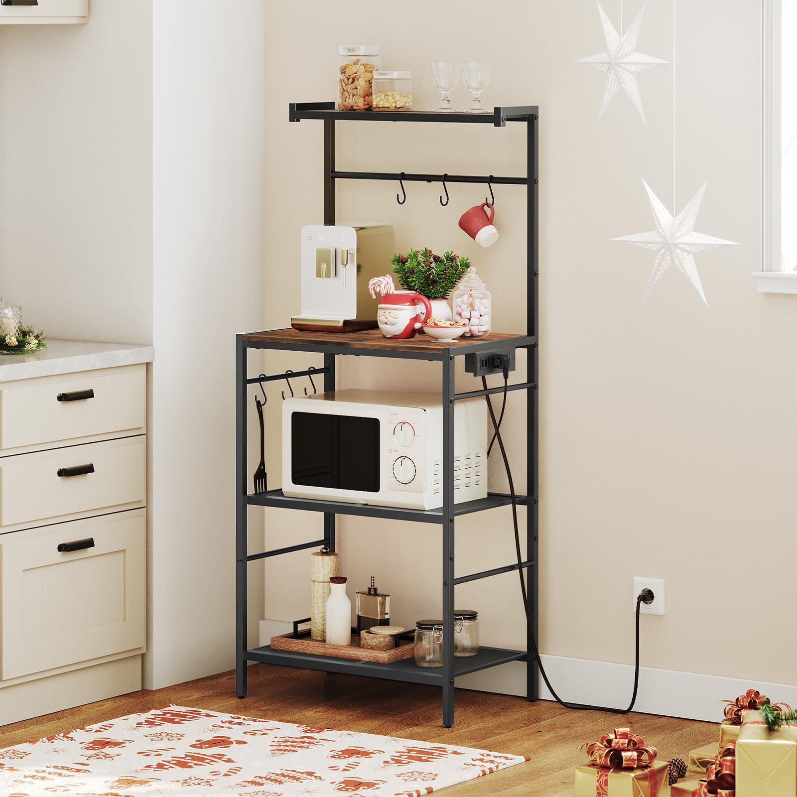 MAHANCRIS Bakers Rack with Charging Station, Microwave Stand with 6 S-Shaped Hooks, 4-Tier Storage Rack, Practical Coffee Bar, for Kitchen, Dining Room, Rustic Brown BRHR35E01