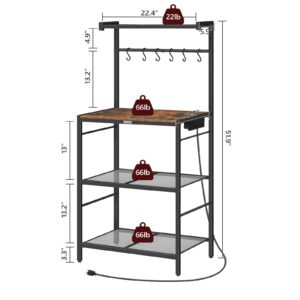 MAHANCRIS Bakers Rack with Charging Station, Microwave Stand with 6 S-Shaped Hooks, 4-Tier Storage Rack, Practical Coffee Bar, for Kitchen, Dining Room, Rustic Brown BRHR35E01